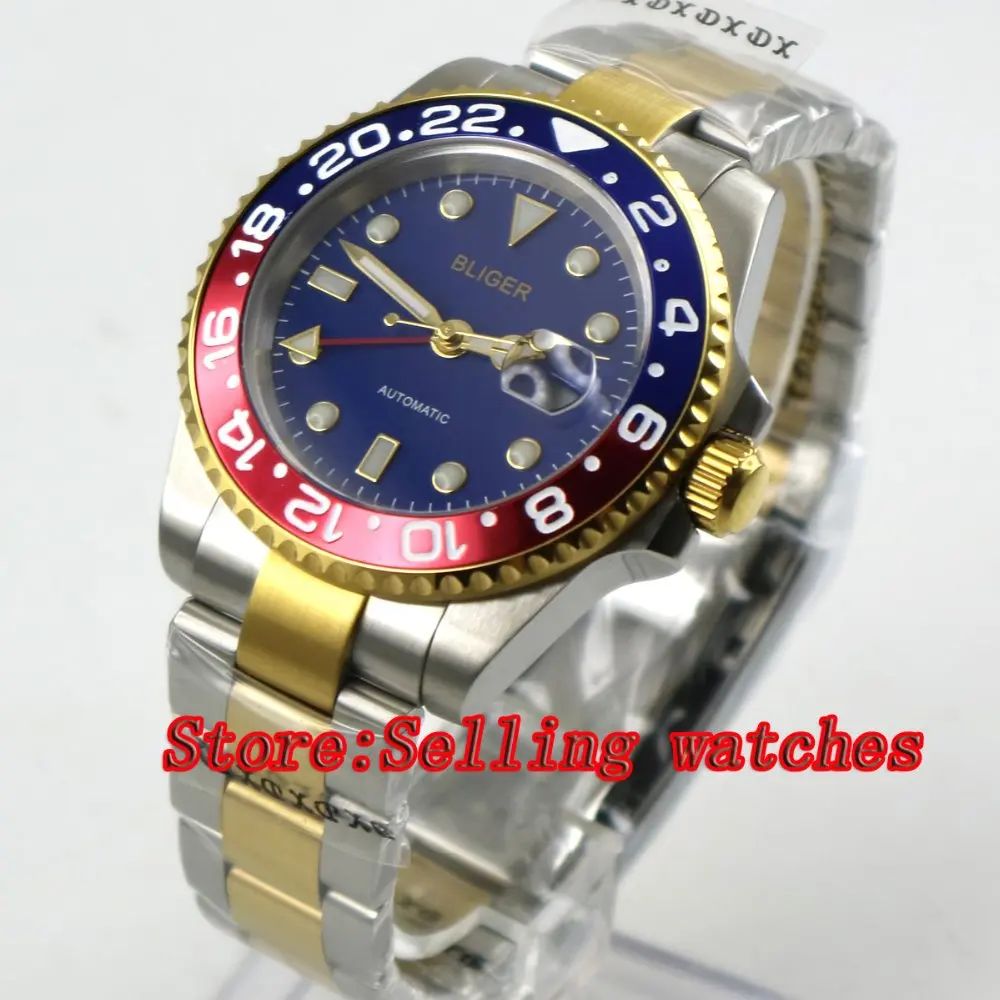 40mm bliger blue dial sapphire glass Red & blue bezel GMT date ...