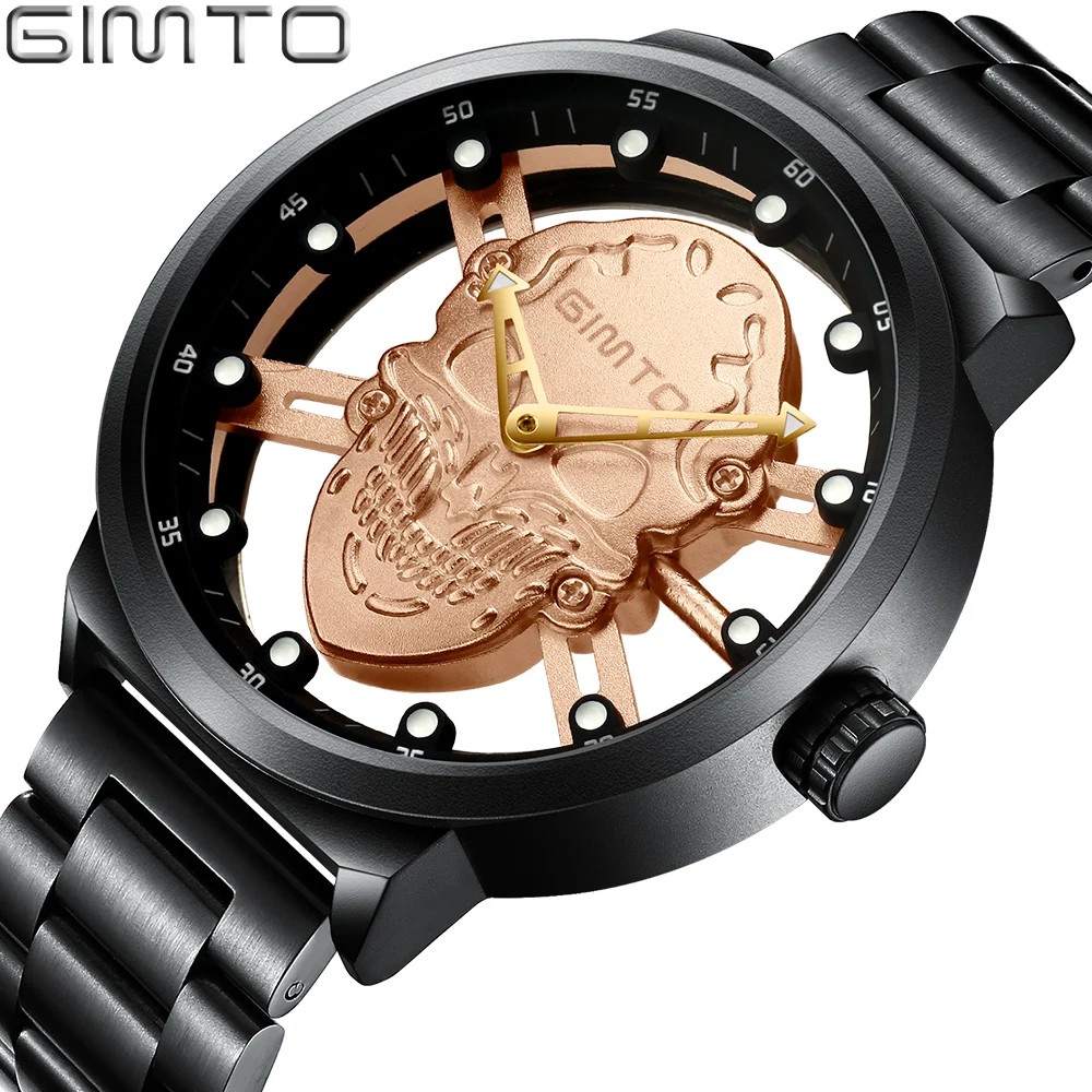 GIMTO Creative Skull Men Watch Luxury Brand Hollow Gold Quartz Military ...