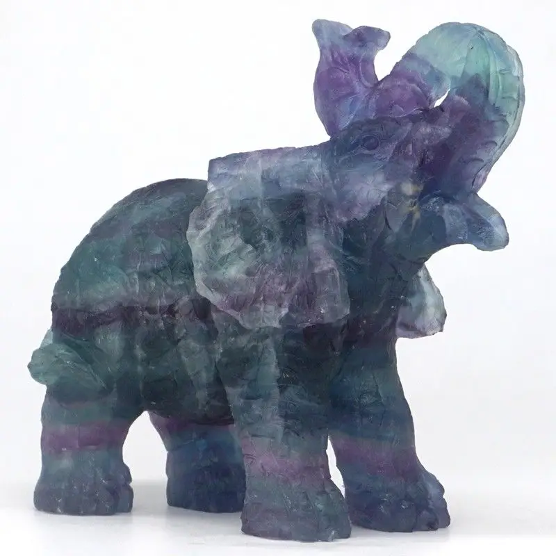 3.8" Elephant Statue Natural Gemstone Fluorite Crystal Carved Gemstone ...