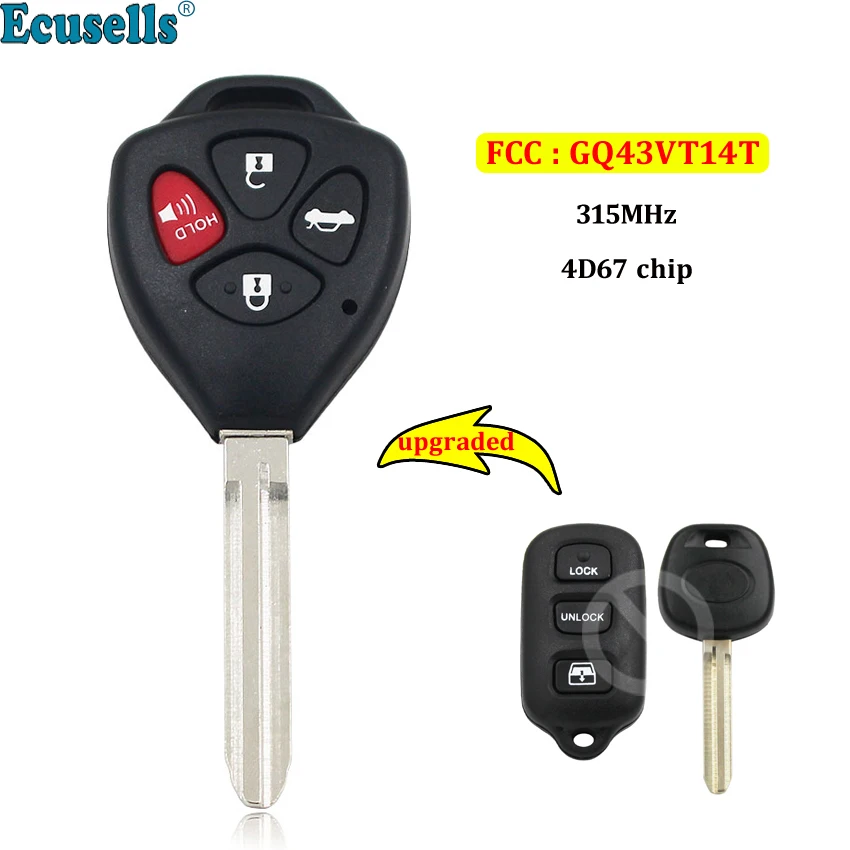 Upgraded Remote Key Fob 315MHz with 4D67 chip for Toyota Camry Corolla ...
