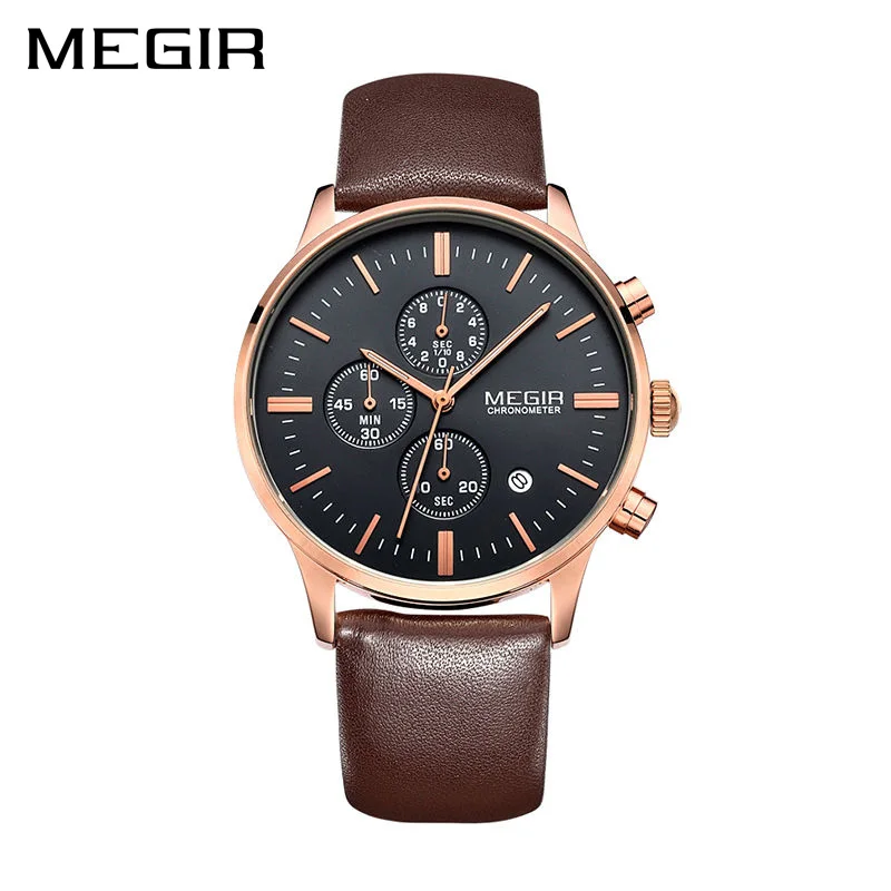 MEGIR Mens Brand Luxury Chronograph Leather Watch - Thin Watch Store