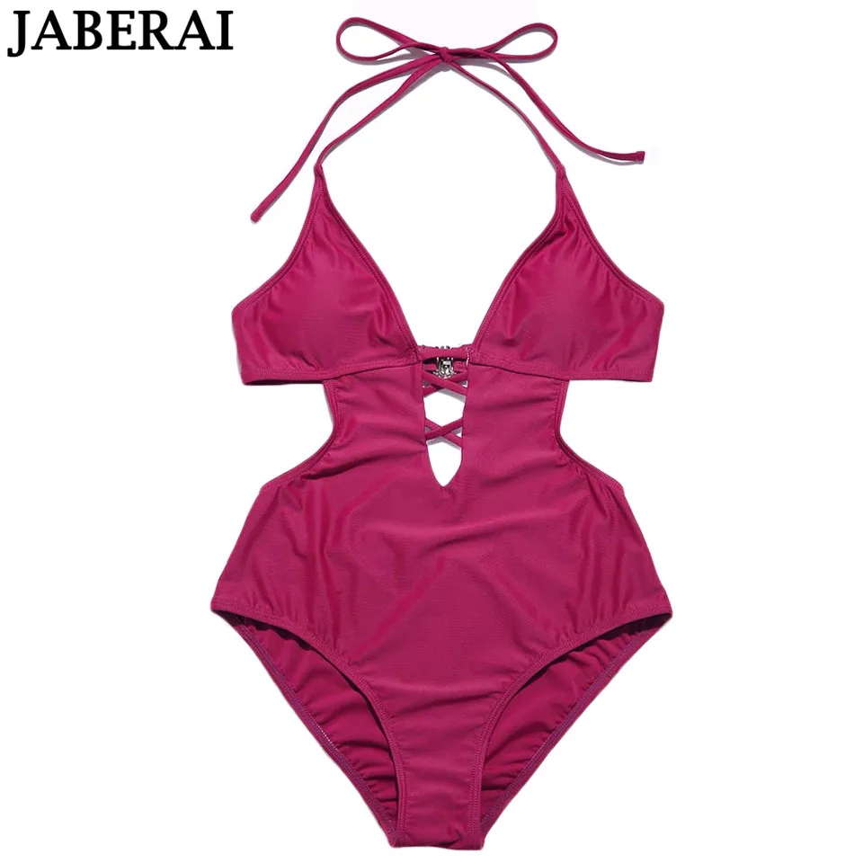 Jaberai Backless Monokini Wine Red Solid One Piece Swimsuit For Women