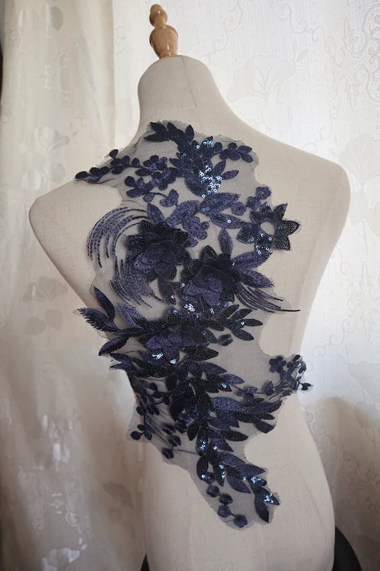 Navy Blue 3d Lace Applique, Big 3d Sequins Embroidery Lace Patches ...