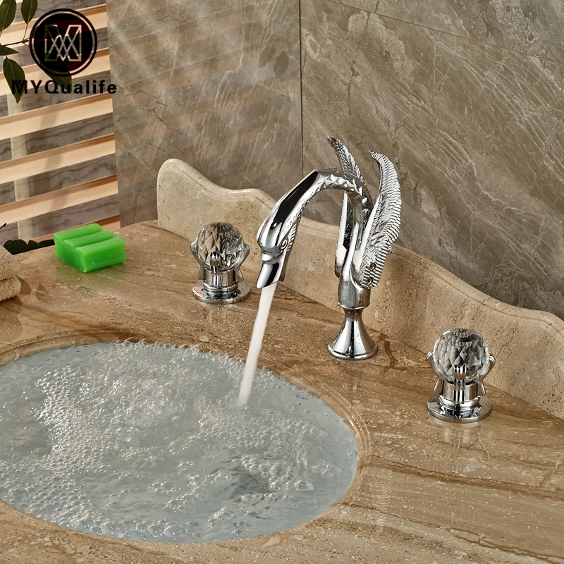 Bright Chrome Widespread Swan Shape Basin Sink Faucet Dual Cristal ...