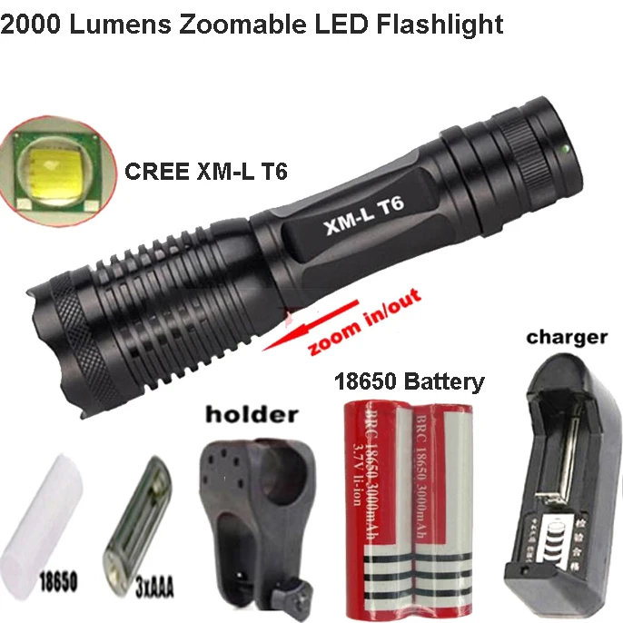 e007 12W CREE XM L T6 2000 Lumens Zoomable LED Flashlight Torch+2*18650 ...