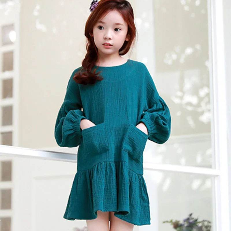 pockets ruffles girls dresses age 8 9 10 11 12 13 blue kids girls ...