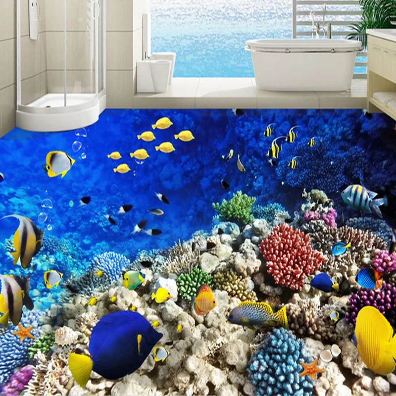 Custom Photo Floor Wallpaper 3D Tropical Fish Mural Sticker Bathroom ...