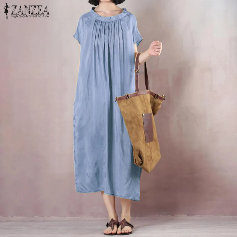 New Zanzea Summer Dress Women Elegant O Neck Short Sleeve Solid Pleated