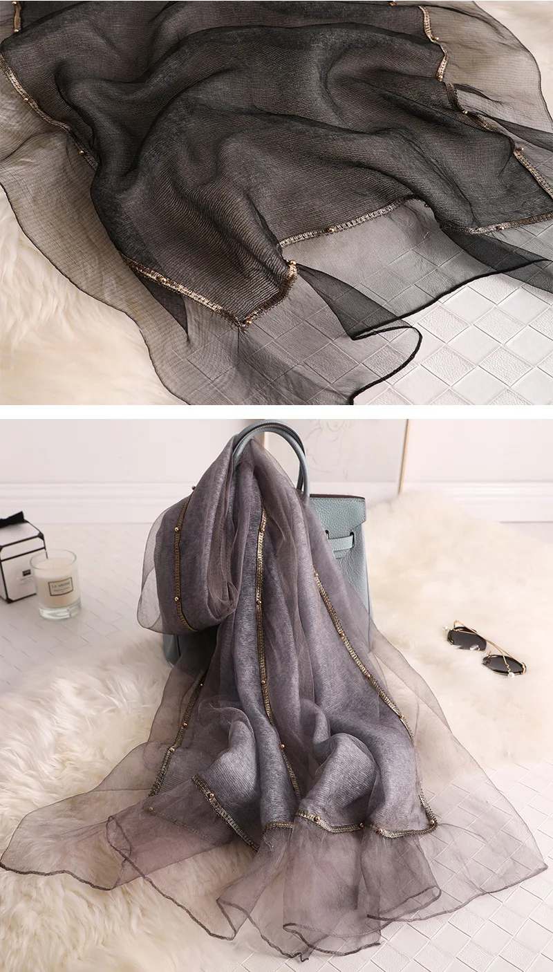 Брендовые однотонные женские шелковые шарфы с бусинами, модные шарфы с ...