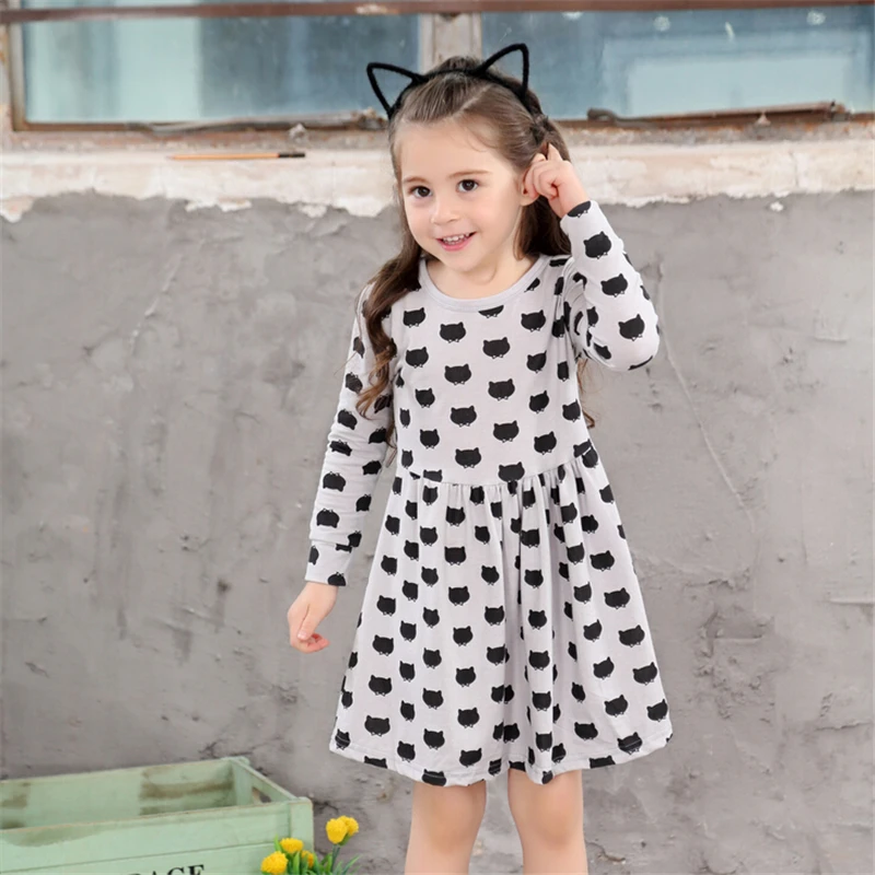 Cute Cat Print Girls Dresses Cartoon Long Sleeve Party Dresses Autumn ...