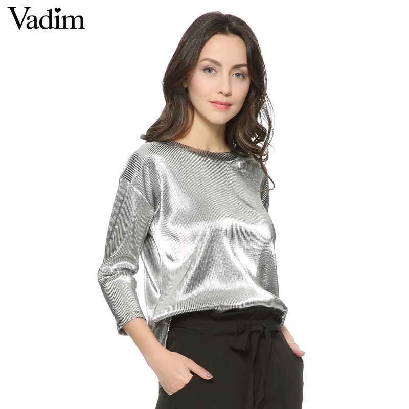 Women silver pleated loose shirts o neck three quarter sleeve blouse ...