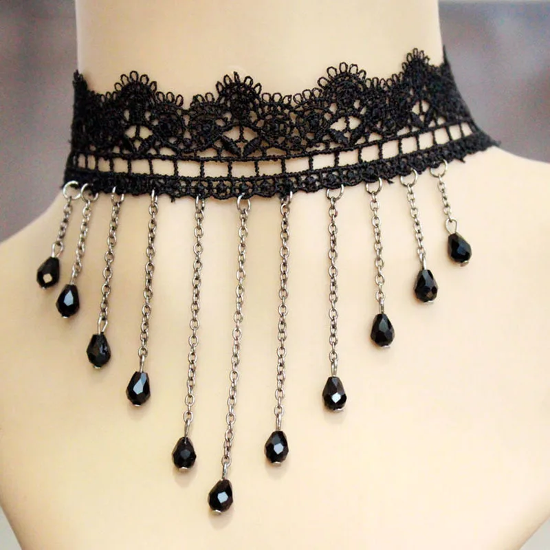 Gothic Victorian Crystal Tassel Tattoo Choker Necklace Black Lace ...