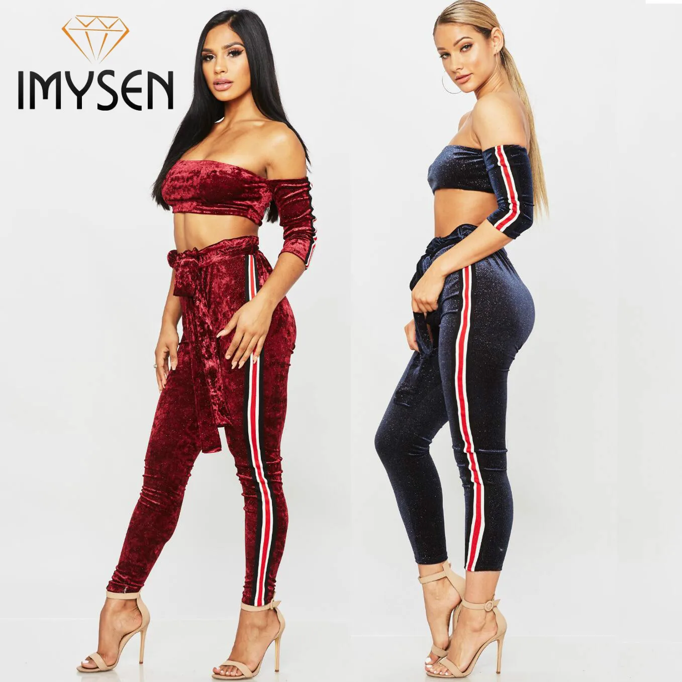 Imysen Spring Summer Sexy Velvet Suit Solid Striped Women Two Piece Set Blue Wine Red Strapless