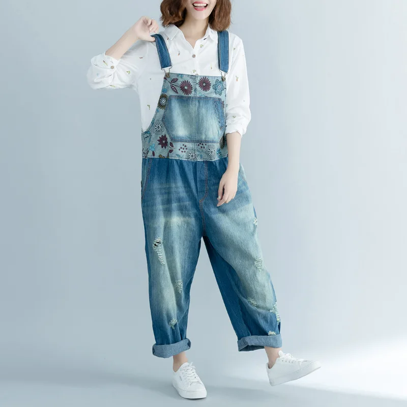 Johnature New Jeans Overalls Loose Casual Patchwork Print Jumpsuits