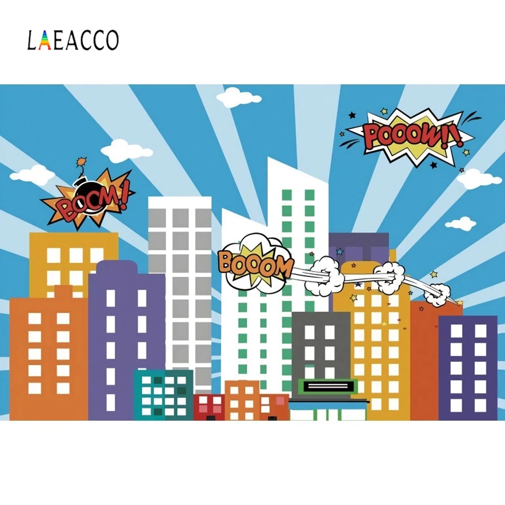 Laeacco Comic City Buildings Boom Pow Stripe Birthday Photography ...