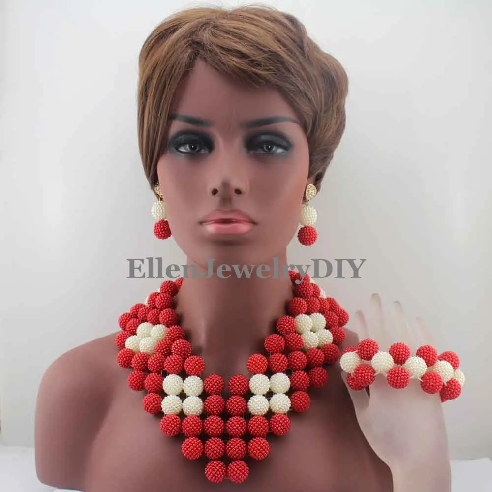 Gorgeous Red/white African Beads Balls Necklace Set New Traditional ...