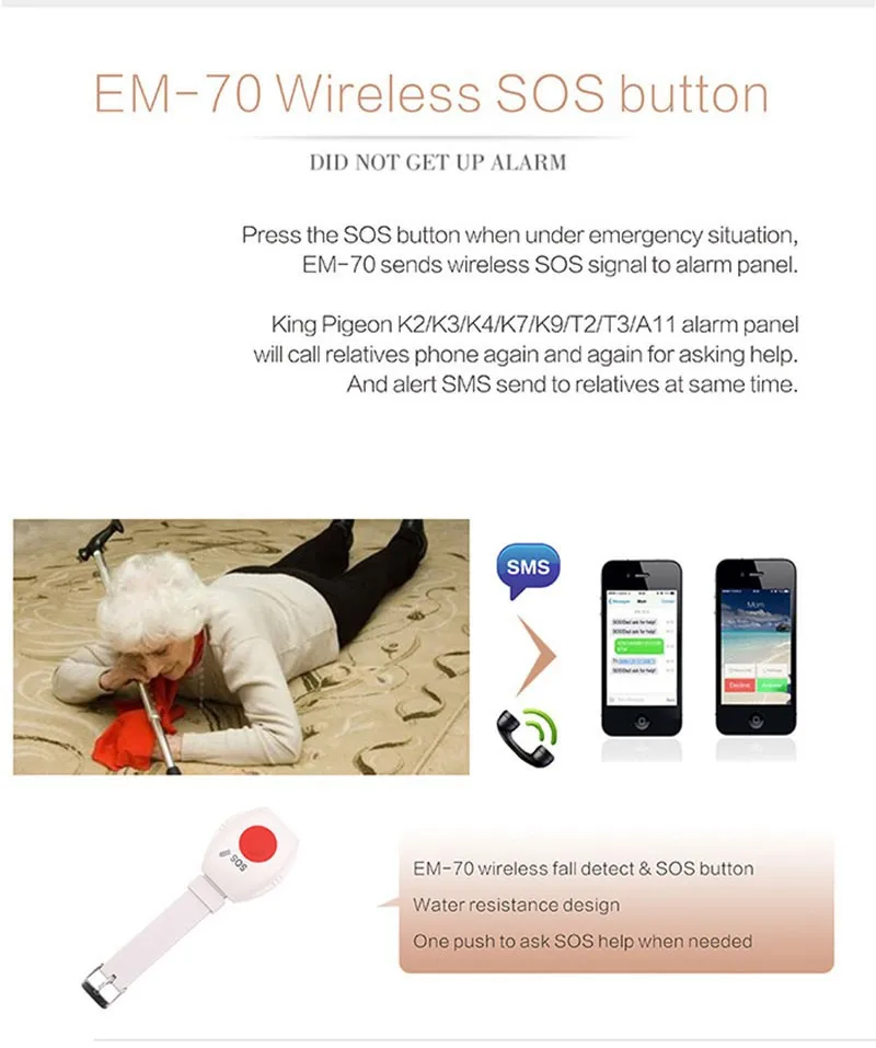 EM-70 wireless wristband panic button Emergency call button, SOS button ...