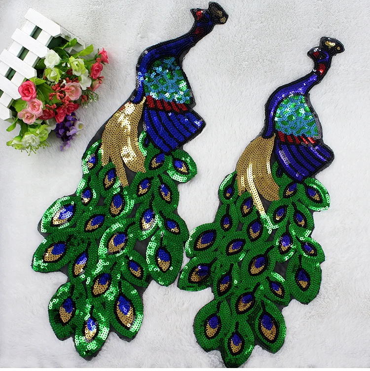 10pcs Colorful Sequins Peacock Embroidery Fabric Large Applique Patch ...