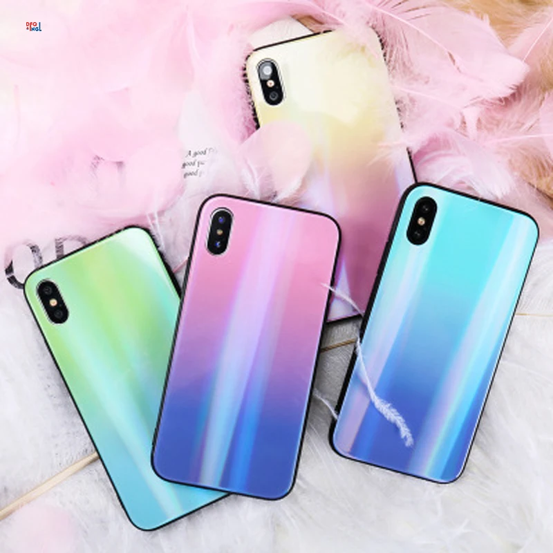 Dfqngl Tempered Glass Mobile Phone Case Aurora Gradient Mirror Protective Cover For Iphone 6 7 8