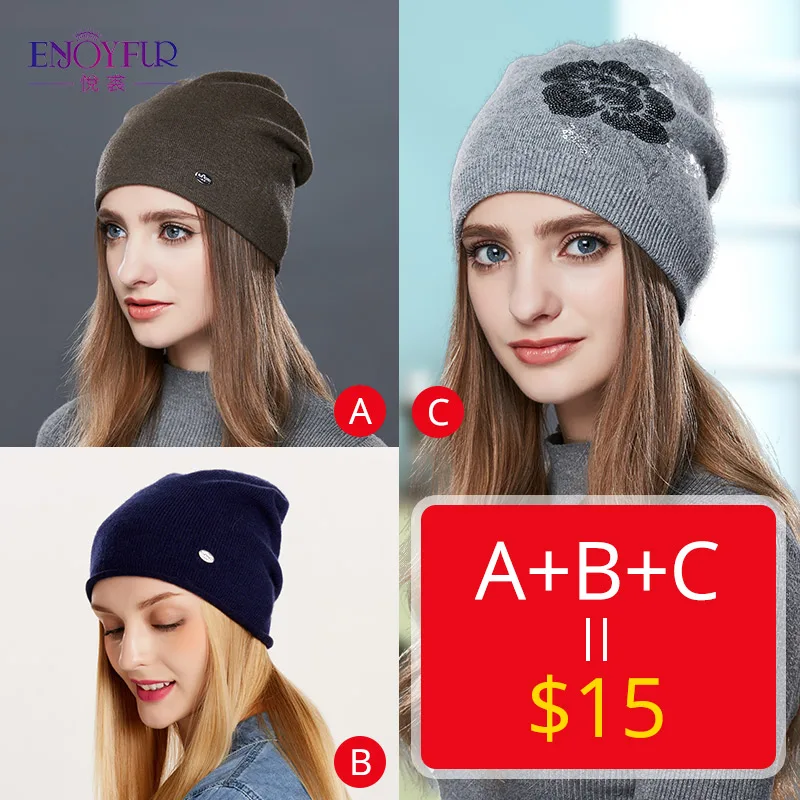 ENJOYFUR Women Hats Fashion Simple Style 3 Pieces Knitted Wool Beanies ...
