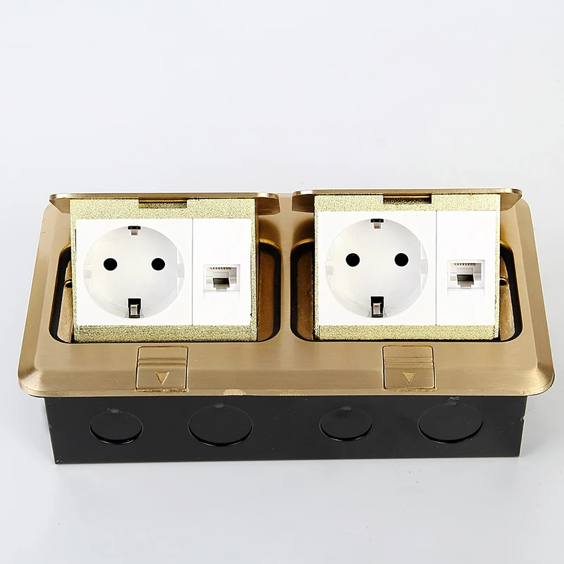 Brass 2 Gang Rectangle Pop Up Floor Socket Outlet Box with European ...