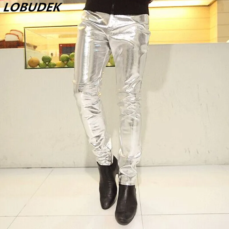 Gold Silver Black Leather Pants Male Costume Fashion Star PU Trousers ...