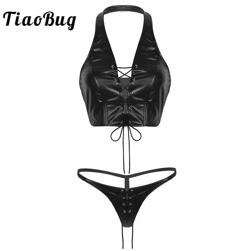Tiaobug Women Lingerie Black Faux Leather Bra Lace Up Bikini Sexy Set