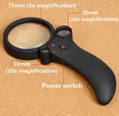 3 in 1 Handheld Loupe 5Xx75mm 10Xx20mm 20Xx10mm guns shape magnifier ...