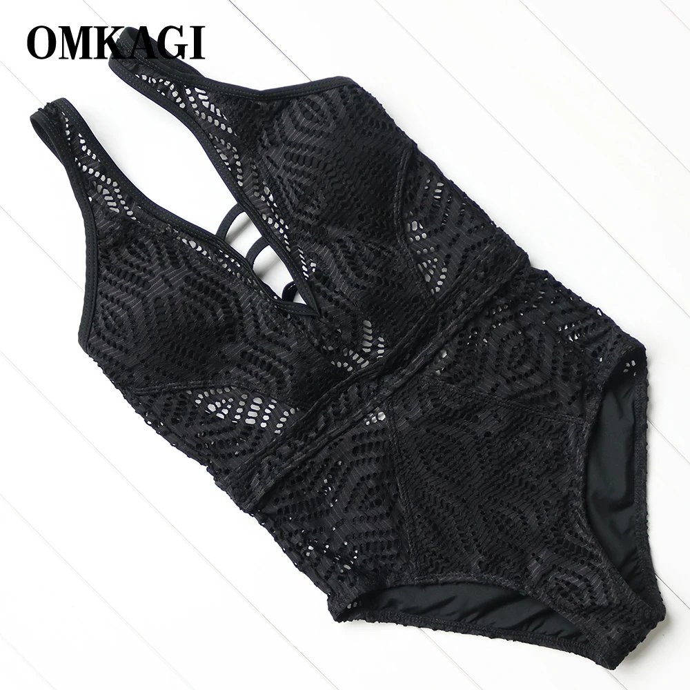 Omkagi Women Black And White One Piece Swimsuits Handmade Solid Crochet