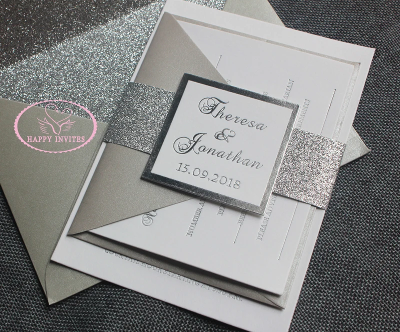 HI1122 Silver And White Wedding Invitation Card With Silver Letterpress 