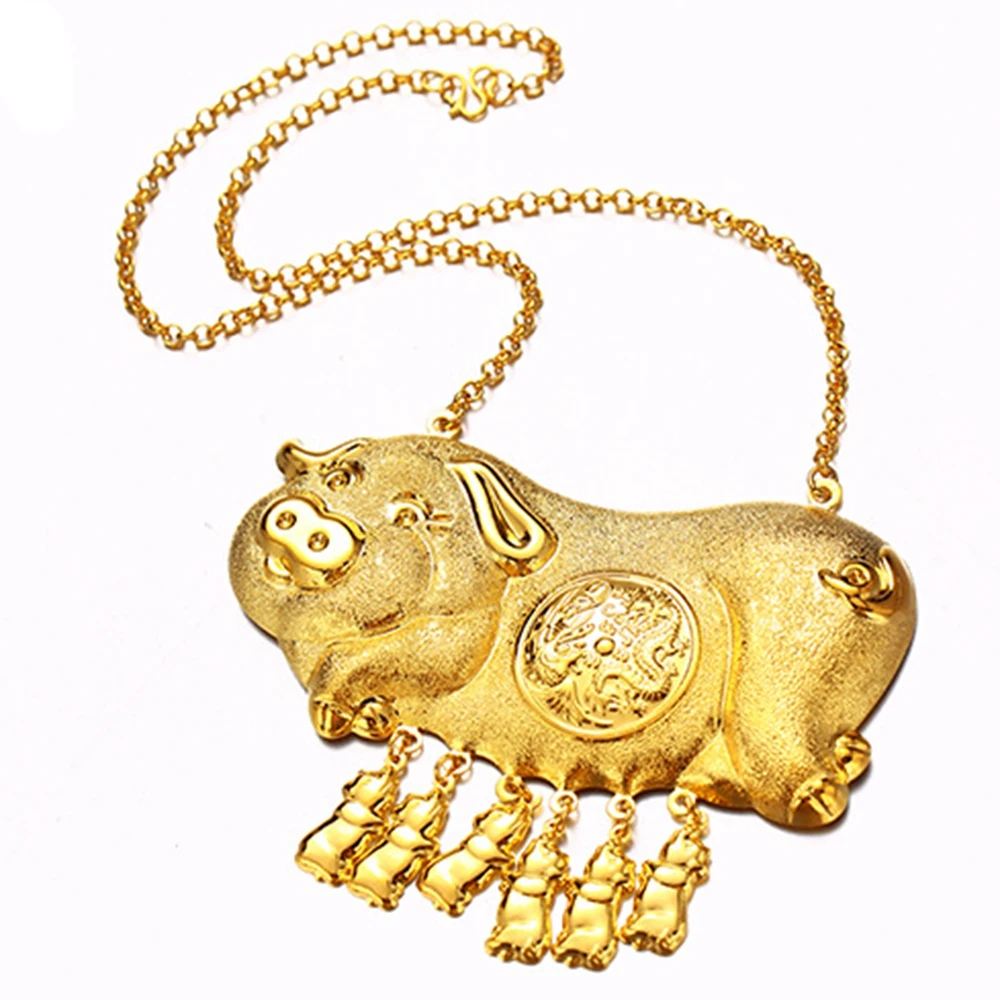 Lovely Big Pig Pendant Necklace Wealthy Symbolize Jewelry 1Yellow Gold ...