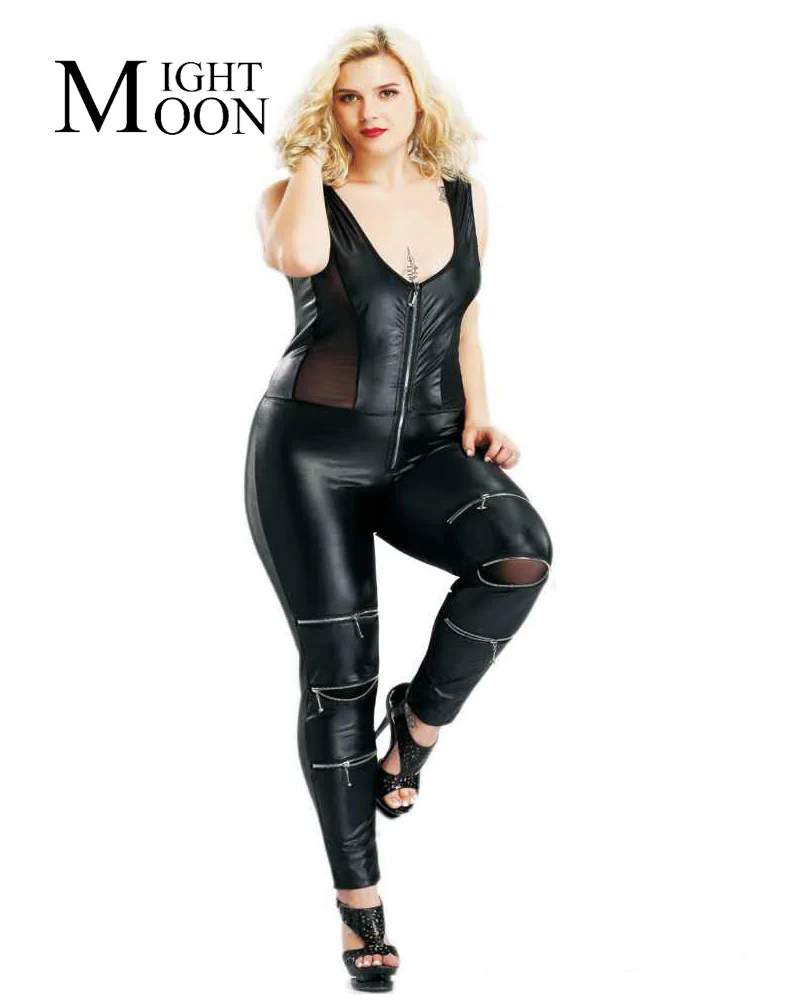 Moonight Sexy Faux Leather Catsuit Jumpsuit Overalls Women Rompers Mesh