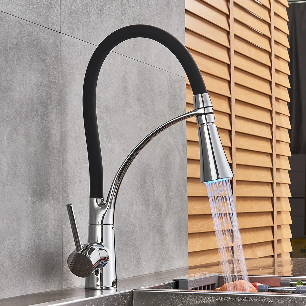 Black LED Kitchen Sink Faucet Swivel Pull Down Kitchen Faucet Sink Tap ...