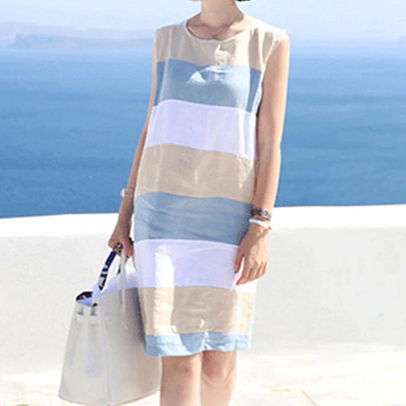 2018 Cotton Linen Striped Summer Dress Women Basic Sleeveless Dresses