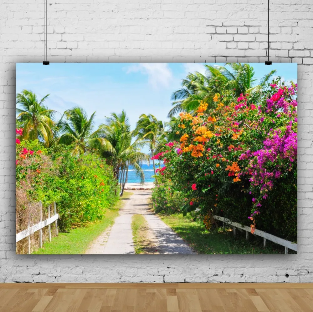 Laeacco Tropical Backdrops Palm Tree Green Shrub Grass Sea Way Natural ...