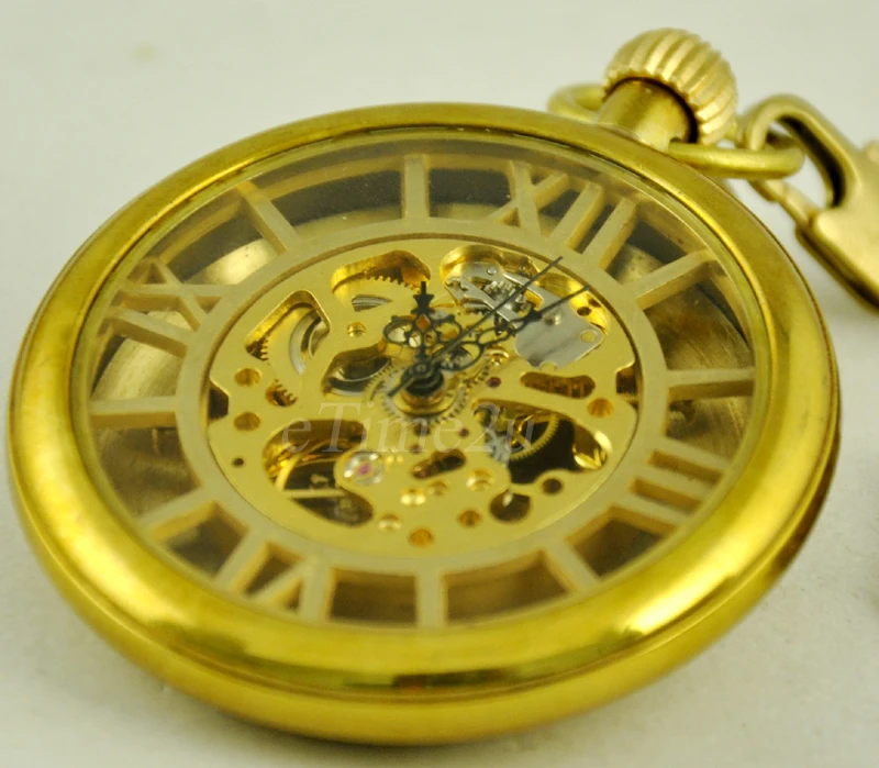 Vintage Retro Golden Copper Skeleton Open Face Hind Winding Mechanical ...
