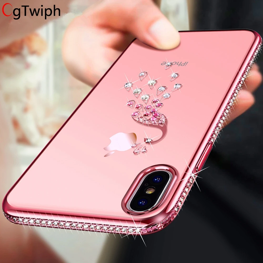 Glitter Rhinestone Clear Phone Case For iPhone X Case Soft Silicone TPU ...