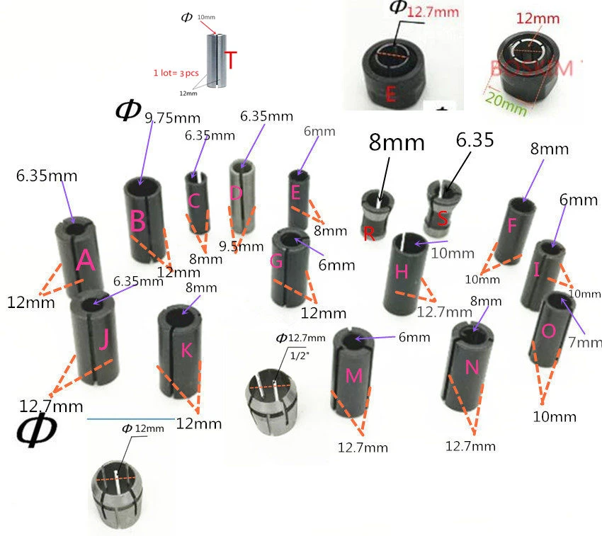 Adapter shank CNC Router tool Collet Cone 1/2" 1/4" 3/8" clamp of 6mm 6 ...