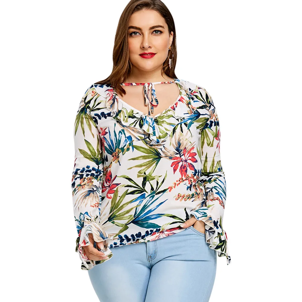 Gamiss Ruffle Tropical Print Plus Size Blouse Female V Neck Long
