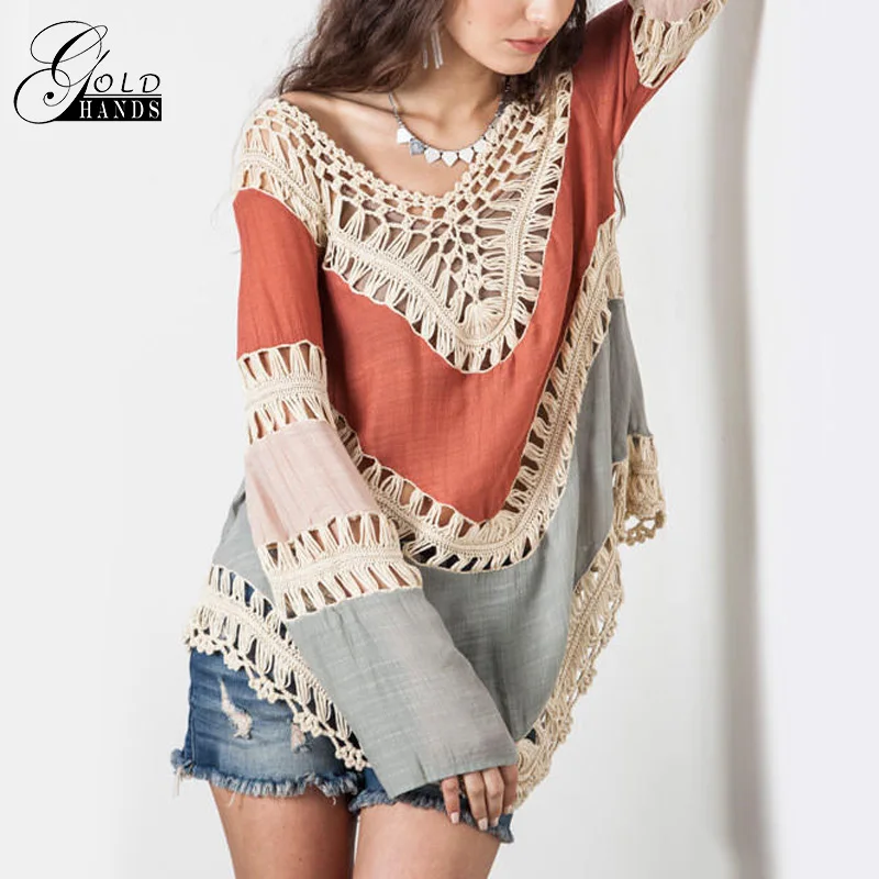 Summer Women Clothing Crochet Hook Knit Blouse V Neck Hollow Loose