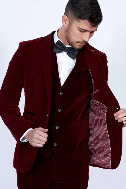 Tailor Made Burgundy Velvet Wine Red Men Suits Slim Fit Formal Groom