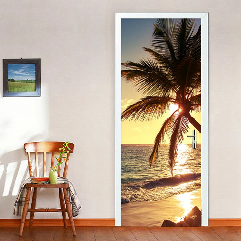 Beach Coconut Tree Sunrise Door Sticker Living Room Dining Room ...