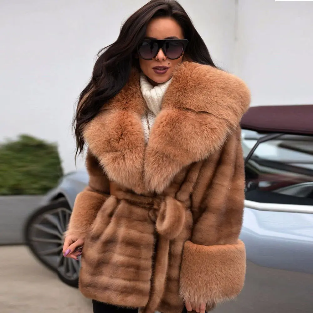 2022 Real Mink Fur Coat With Fox Fur Collar For Women Winter Turn Down ...