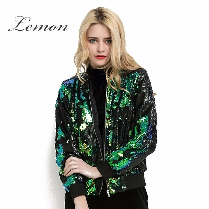 Lemon New Arrivals Women Sequin Coat Green Bomber Jacket Long Sleeve ...
