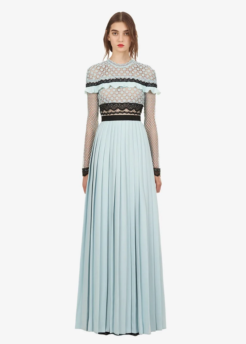 2018 Summer Autumn women Blue Lace Patchwork Long dress Hollow Out Long ...