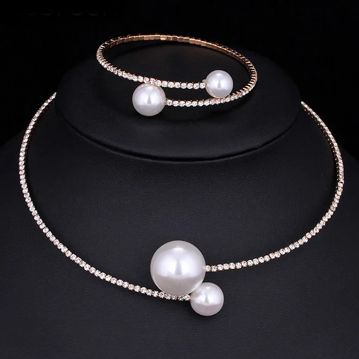 Fashion Women Simple Simulated Pearl Bridal Jewelry Sets Crystal