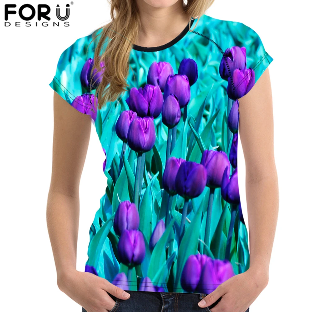 Forudesigns Women Tshirt Tulip Floral Printing T Shirt Summer Style Tee