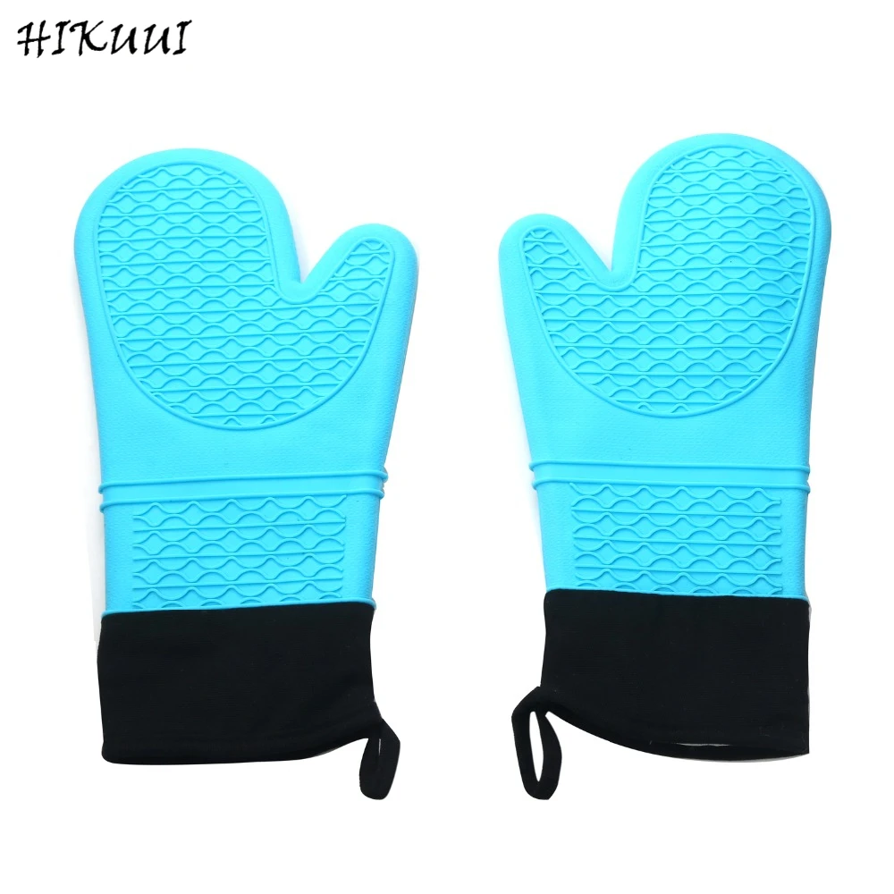 2PCS Blue Silicone Oven Gloves 14 inch Heat Resistant Grill Microwave ...