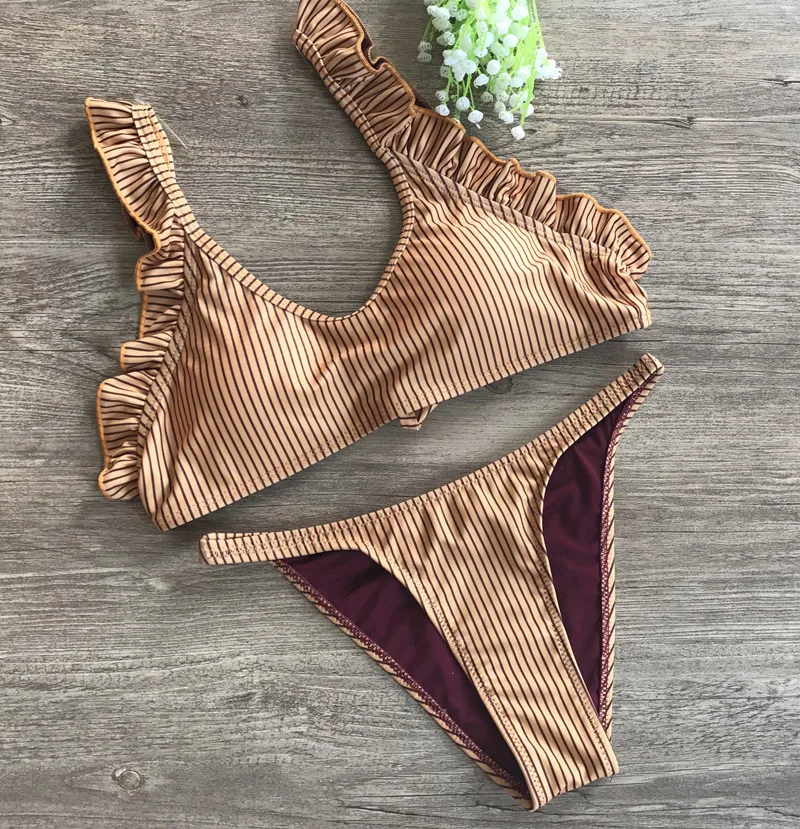 2018 New European And Split Brown Striped Bandage Bikini Bathing Suit