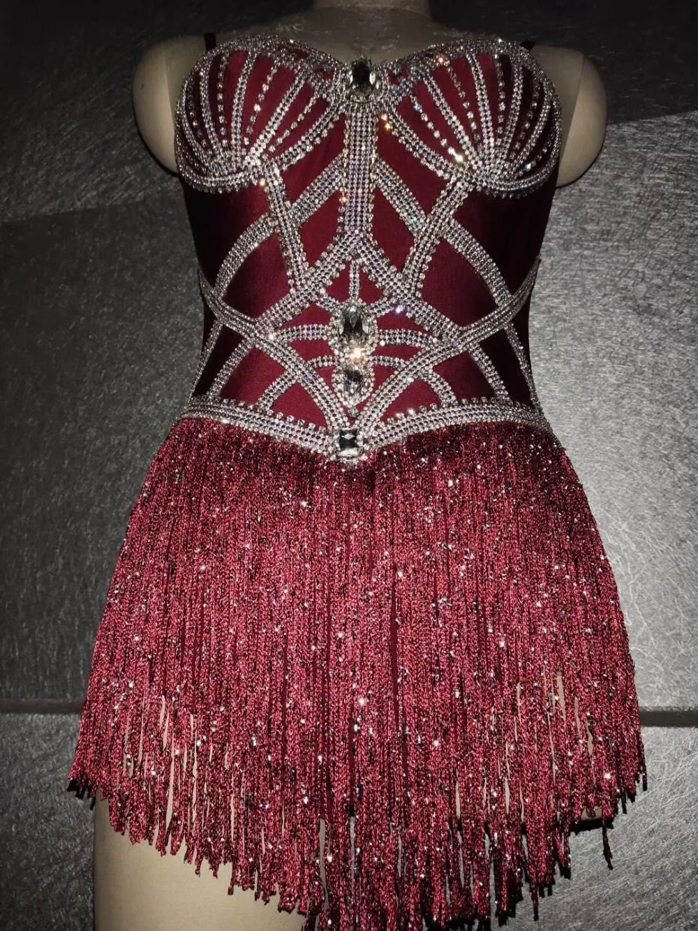 Wine Red Fringe Tassel Rhinestones Bodysuit Women Stage Dance Costume